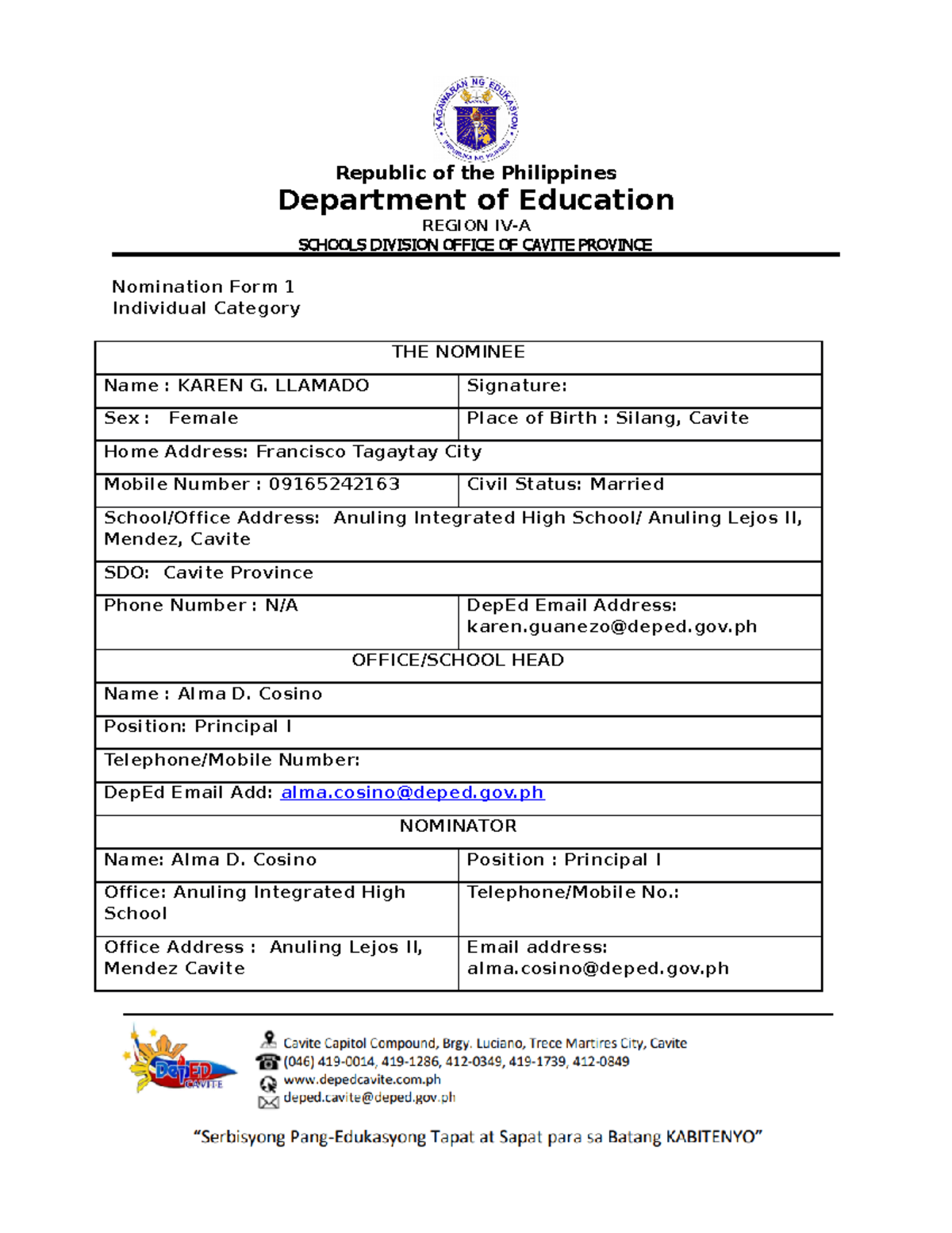 Nomination Form 1 1 - ducation is the transmission of knowledge, skills ...