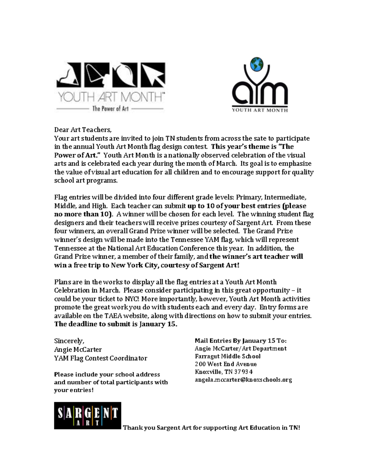 YAM 1016 Letter to Teachers - Dear Art Teachers, Your art students are ...