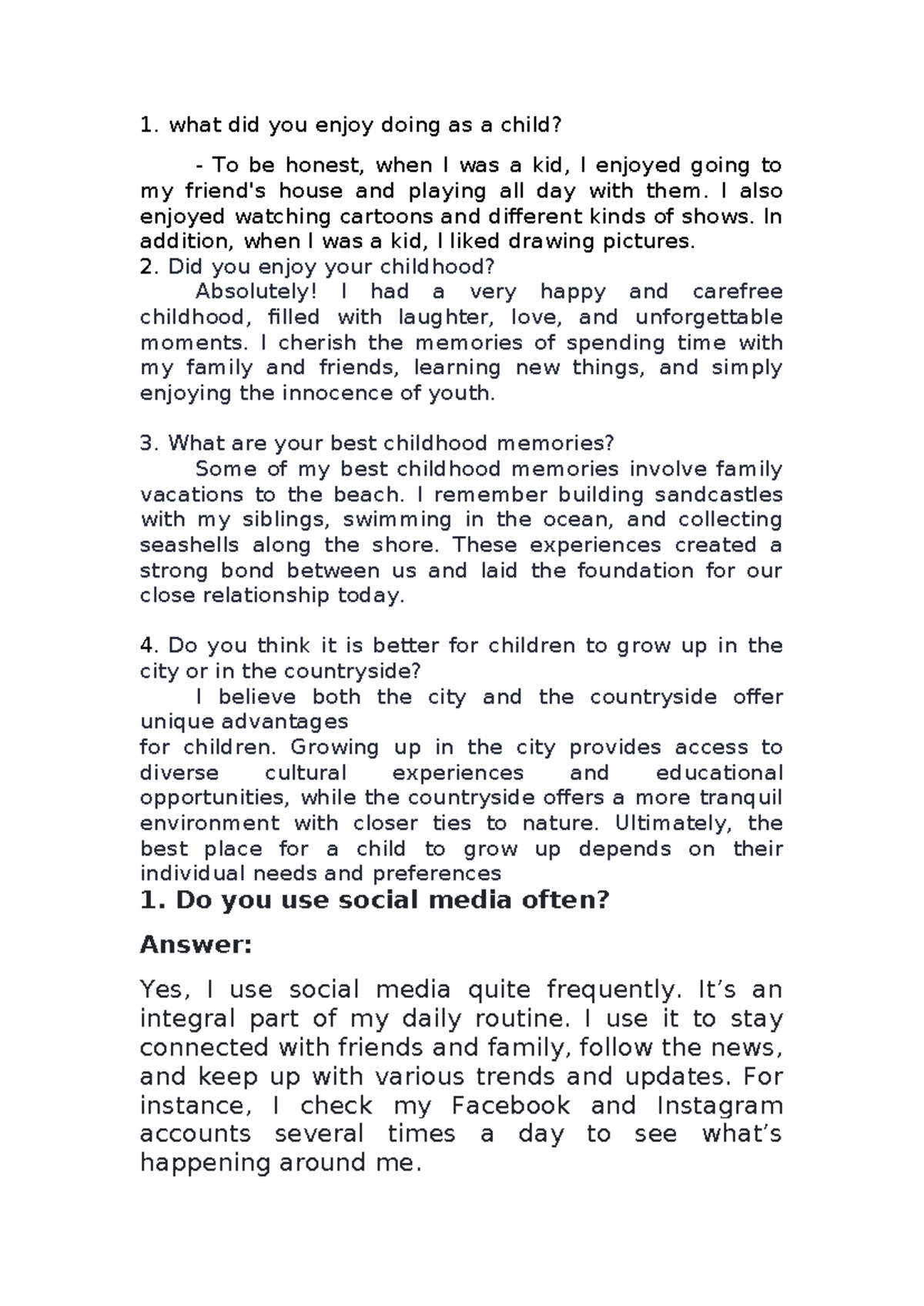 What did you enjoy doing as a child - 1. what did you enjoy doing as a ...