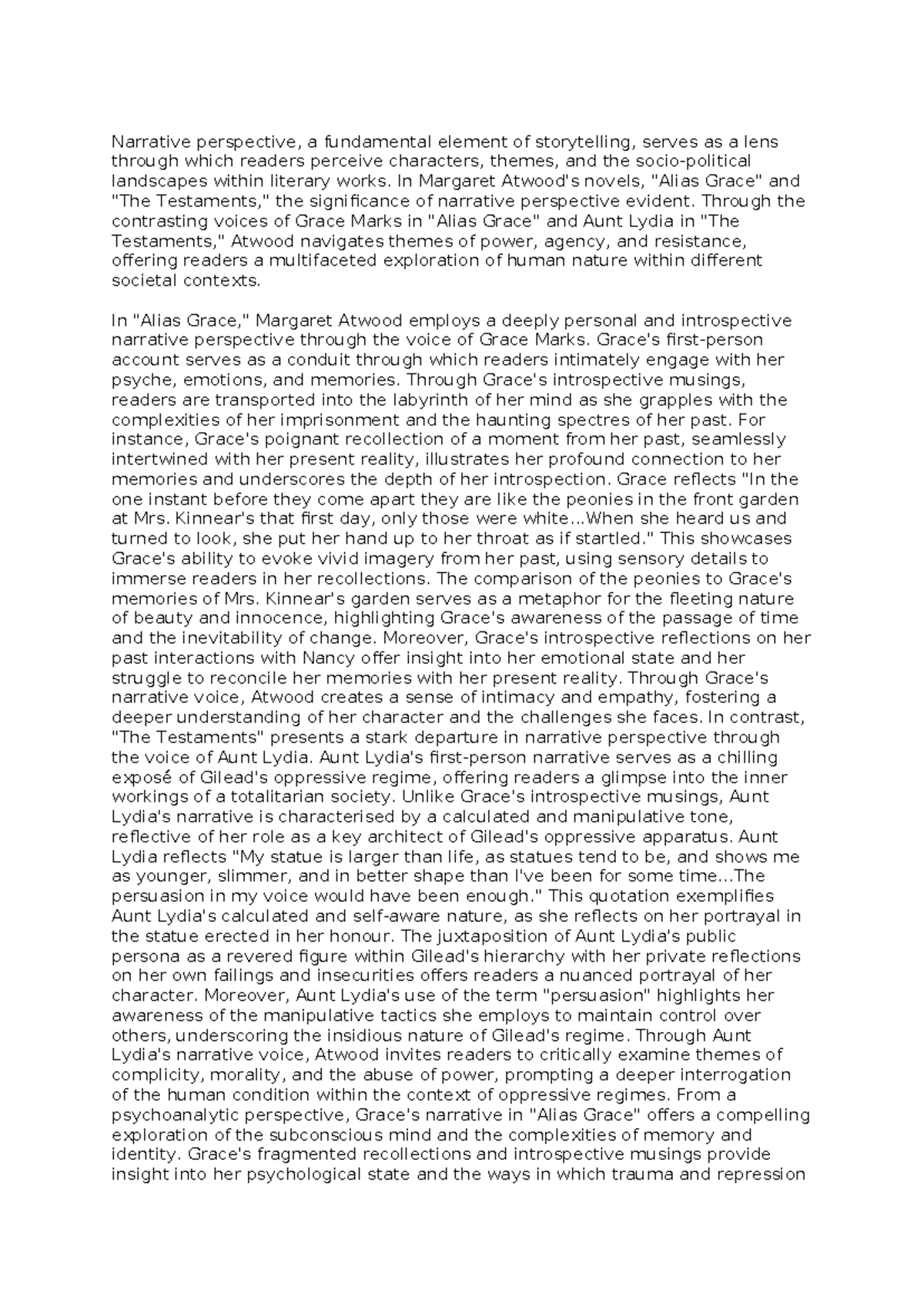 Comparison of Alias Grace with the Testaments - Narrative perspective ...