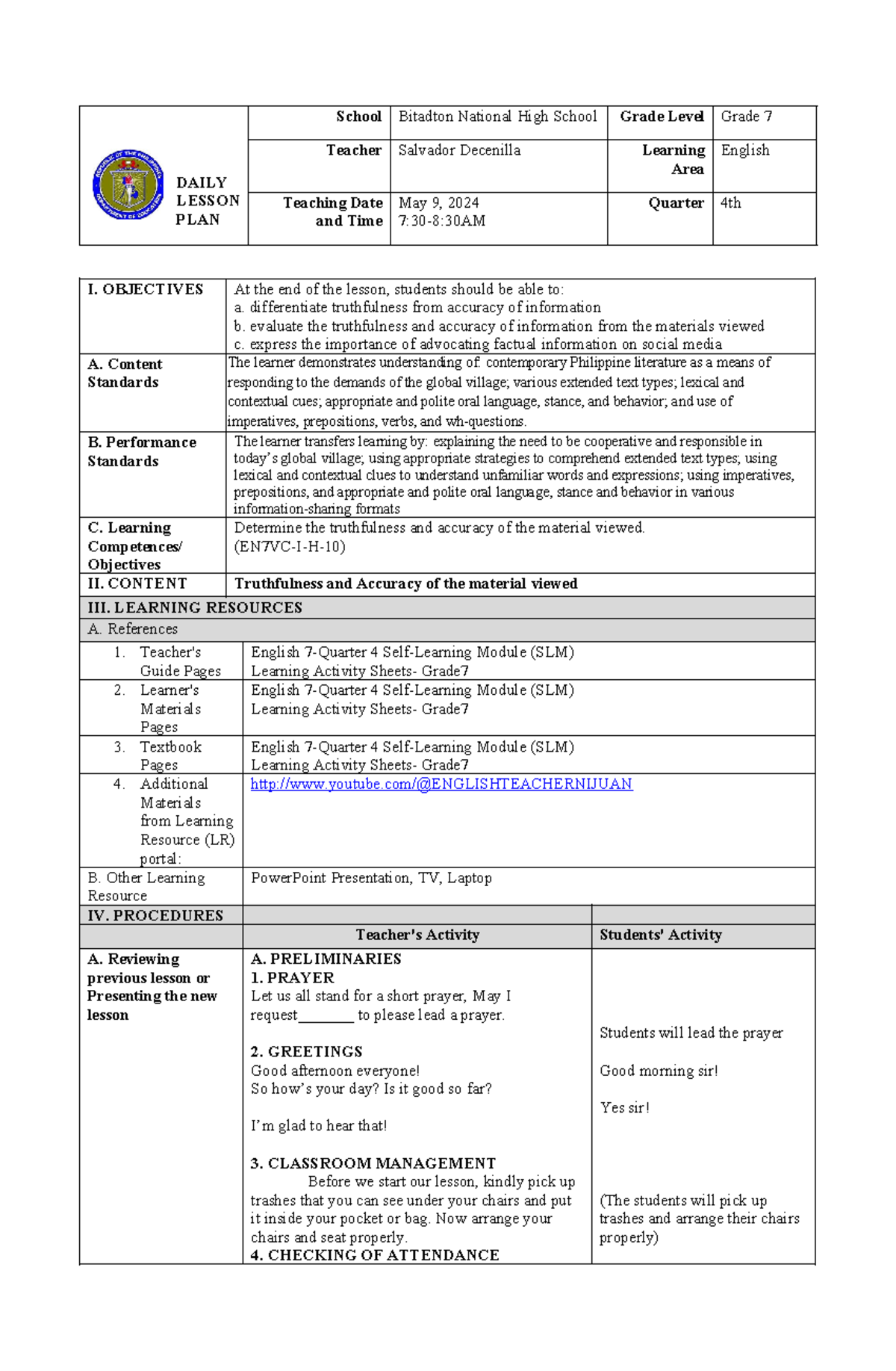 Truthfulness and accuracy dlp - DAILY LESSON PLAN School Bitadton ...