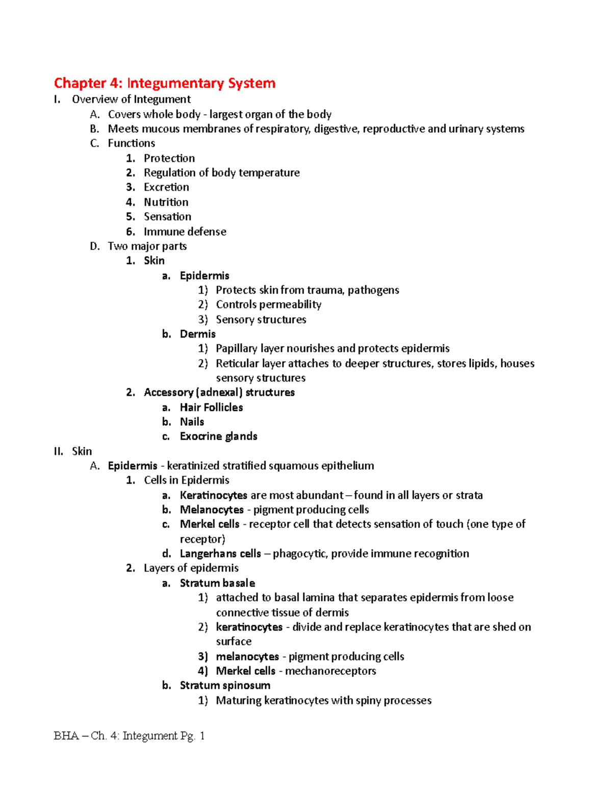 Ch. 4 outline - Lecture notes Chapter 4 - Chapter 4: Integumentary ...