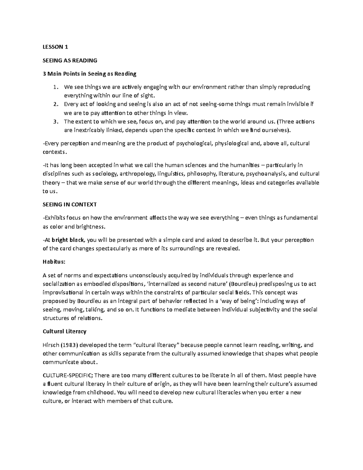 RVA L1 notes - Reading Visual Arts - LESSON 1 SEEING AS READING 3 Main ...