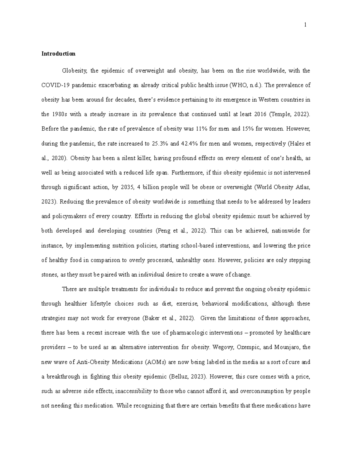 HS 2610 Essay 1 - Introduction Globesity, the epidemic of overweight ...