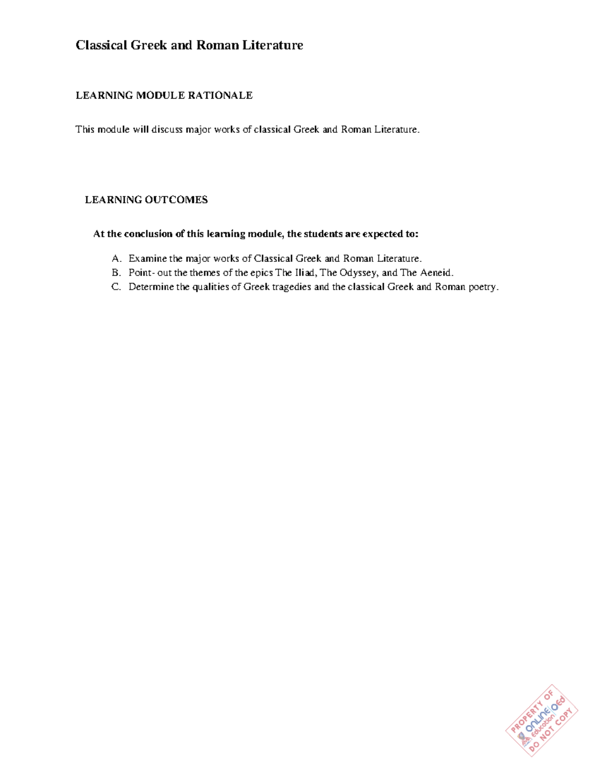 Topic 7 Classical Greek and Roman Literature - Classical Greek and ...