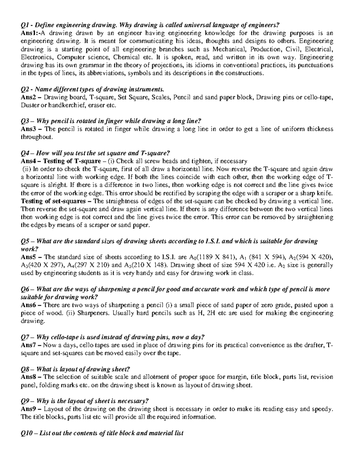 Engineering Graphics Basic Practice Questions - Q1 Define engineering ...