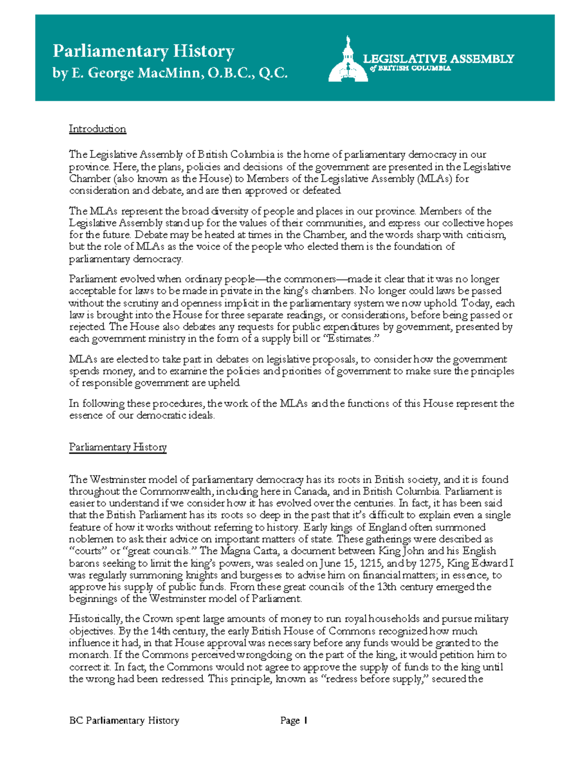 Parliamentary History - English - Introduction The Legislative Assembly ...