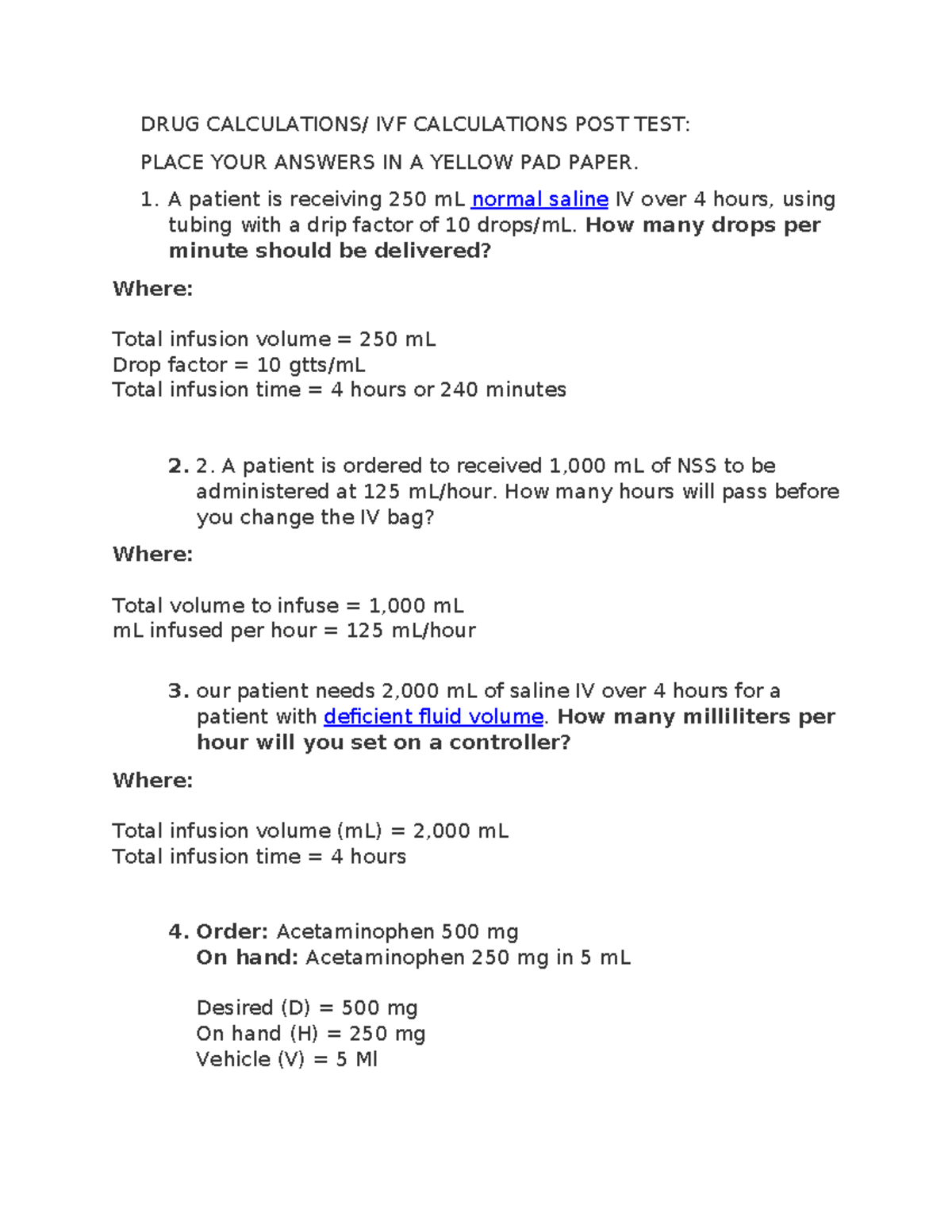 Post test FOR Students - notes - DRUG CALCULATIONS/ IVF CALCULATIONS ...