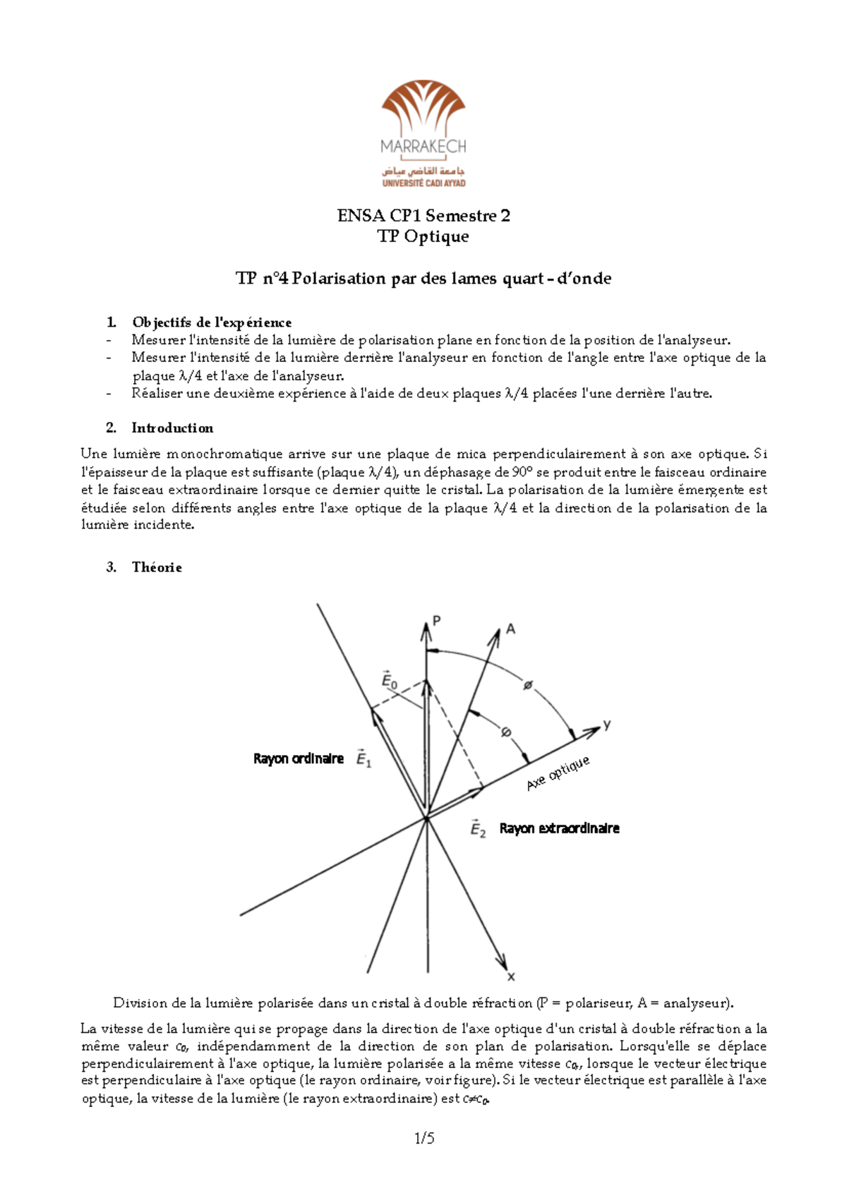 TP4 Polarisation par des lames quart - d’onde - ENSA CP1 Semestre 2 TP Optique TP n° 4 ...