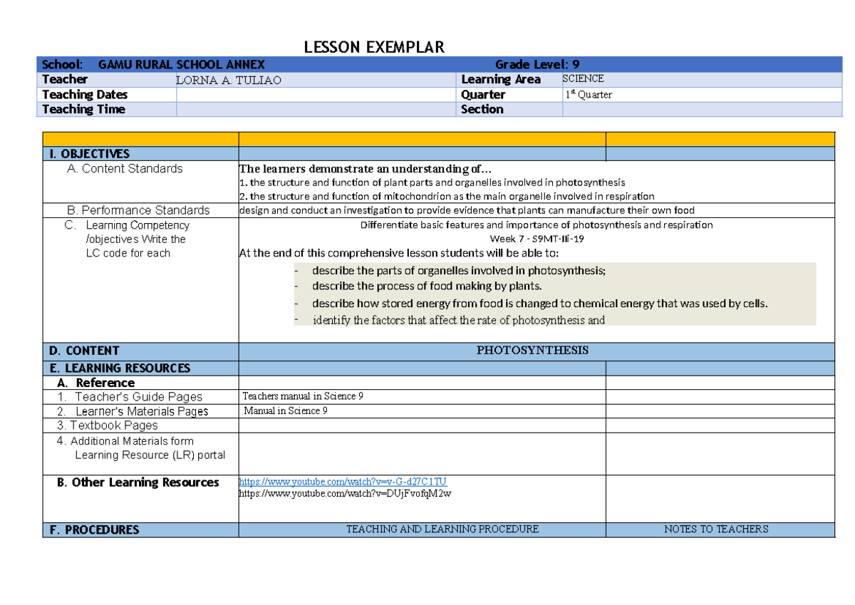 Lesson Exemplar Science 9- Photosynthesis - LESSON EXEMPLAR School ...