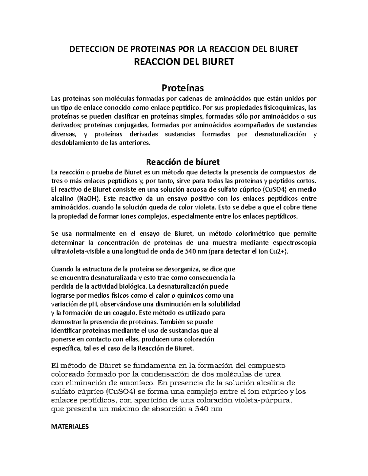 Clase 5.- Reaccion DEL Biuret - DETECCION DE PROTEINAS POR LA REACCION ...