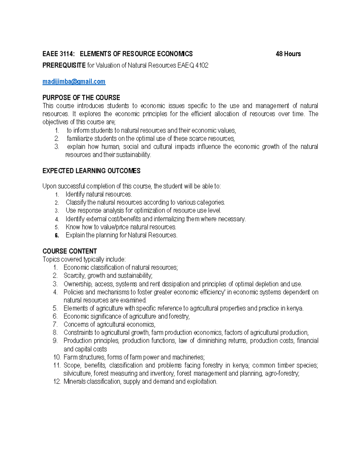 Elements of resource economics course outline - EAEE 3114: ELEMENTS OF ...