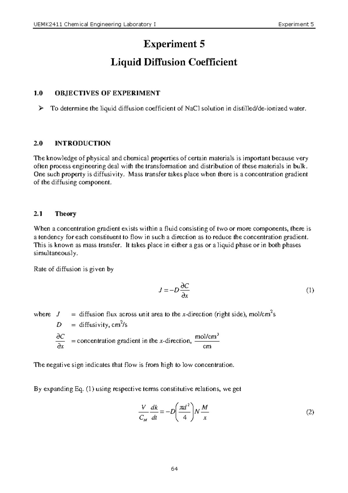 Experiment 5 Liquid Diffusion Coefficien - - Studocu