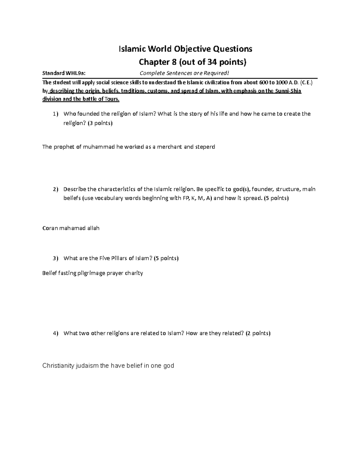 Rogers of Muslim Review 1 - Islamic World Objective Questions Chapter 8 ...