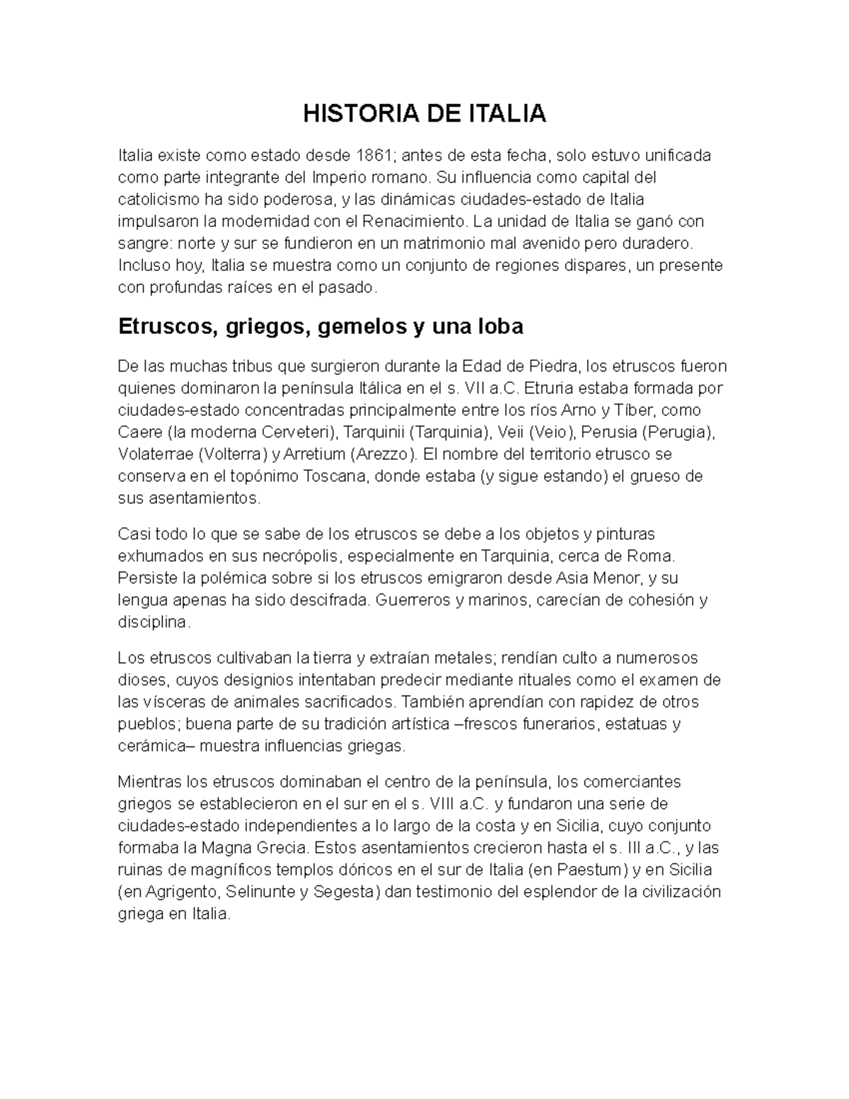 Historia DE Italia - HISTORIA DE ITALIA Italia existe como estado desde ...