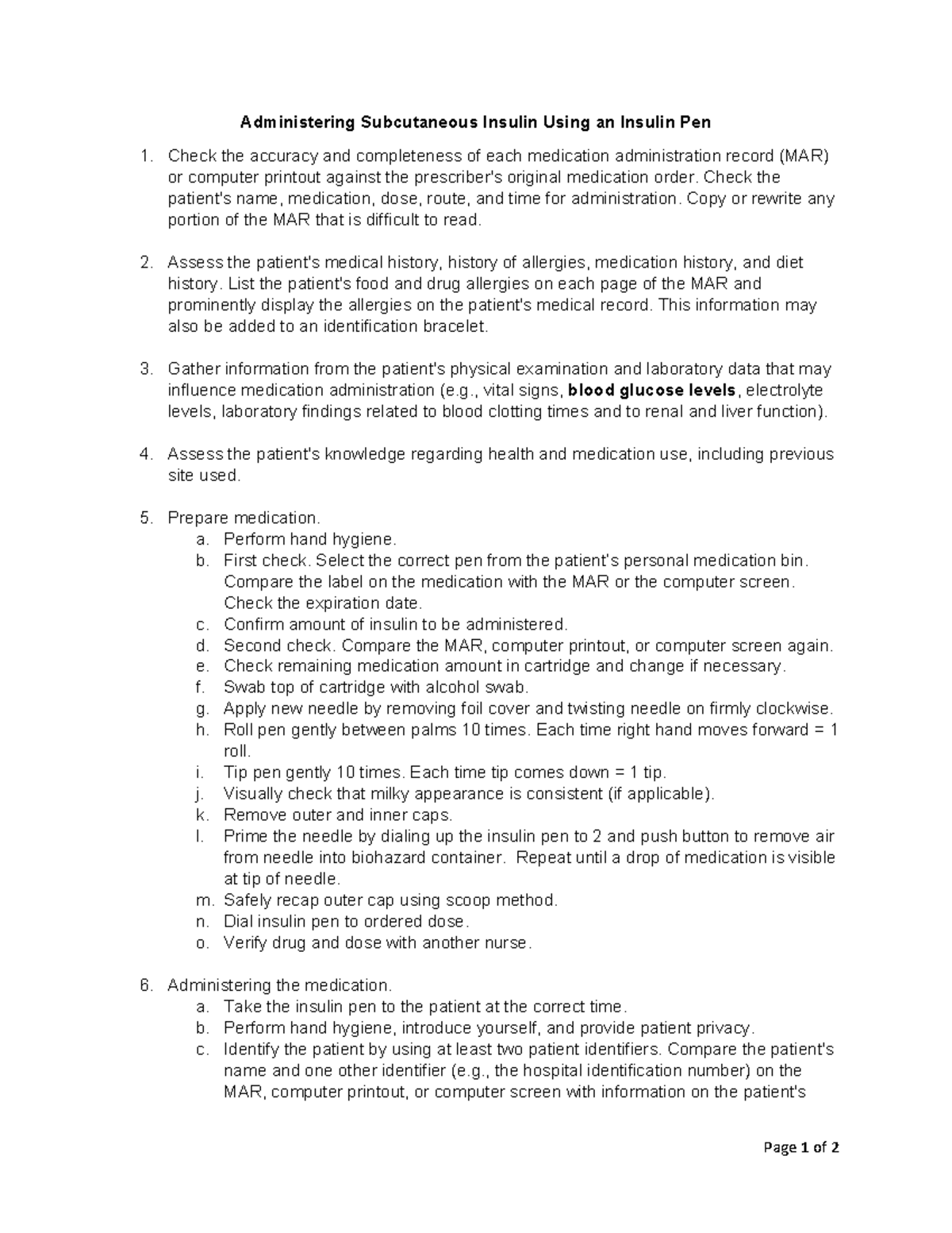 Insulin Pen Checklist - SO usefull - Page 1 of 2 Administering ...