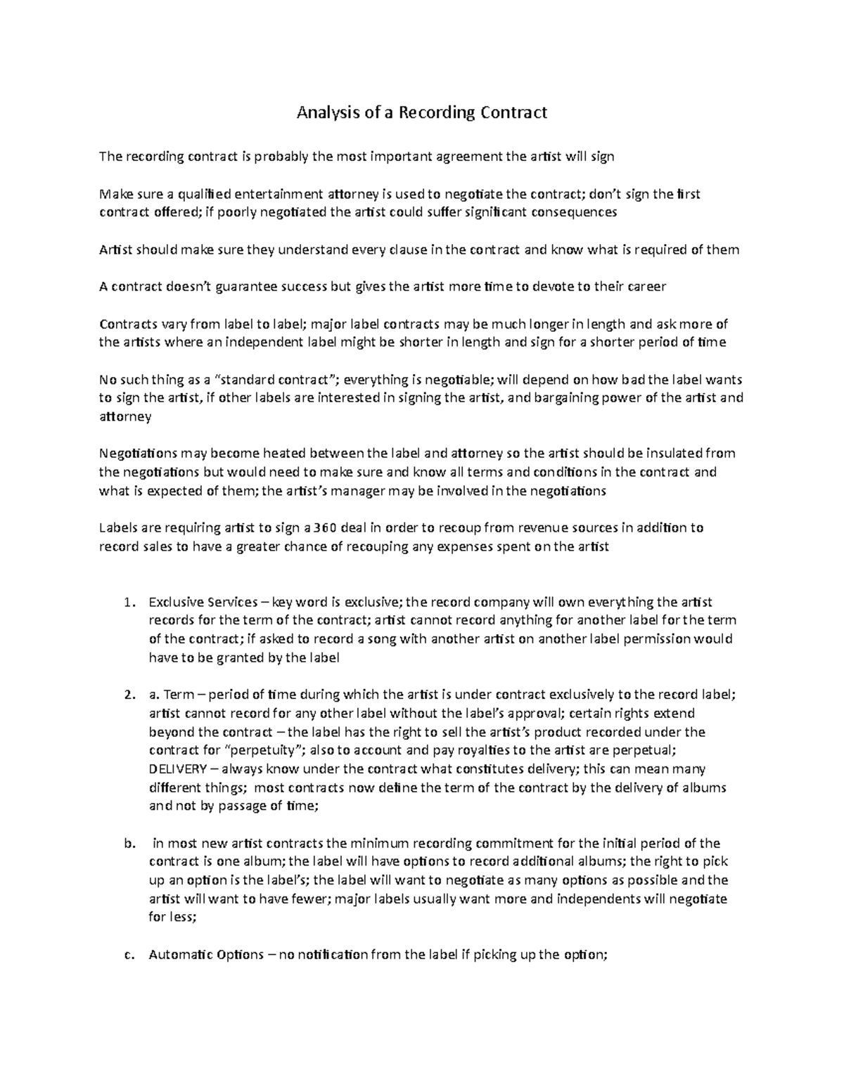 Analysis of a Recording Contract - Term – period of time during which ...