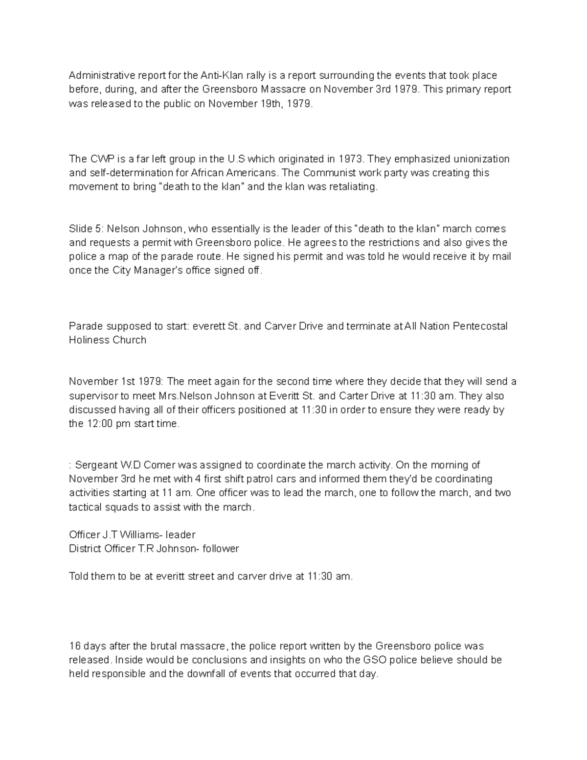 Eng 290- Speaking notes - Administrative report for the Anti-Klan rally ...
