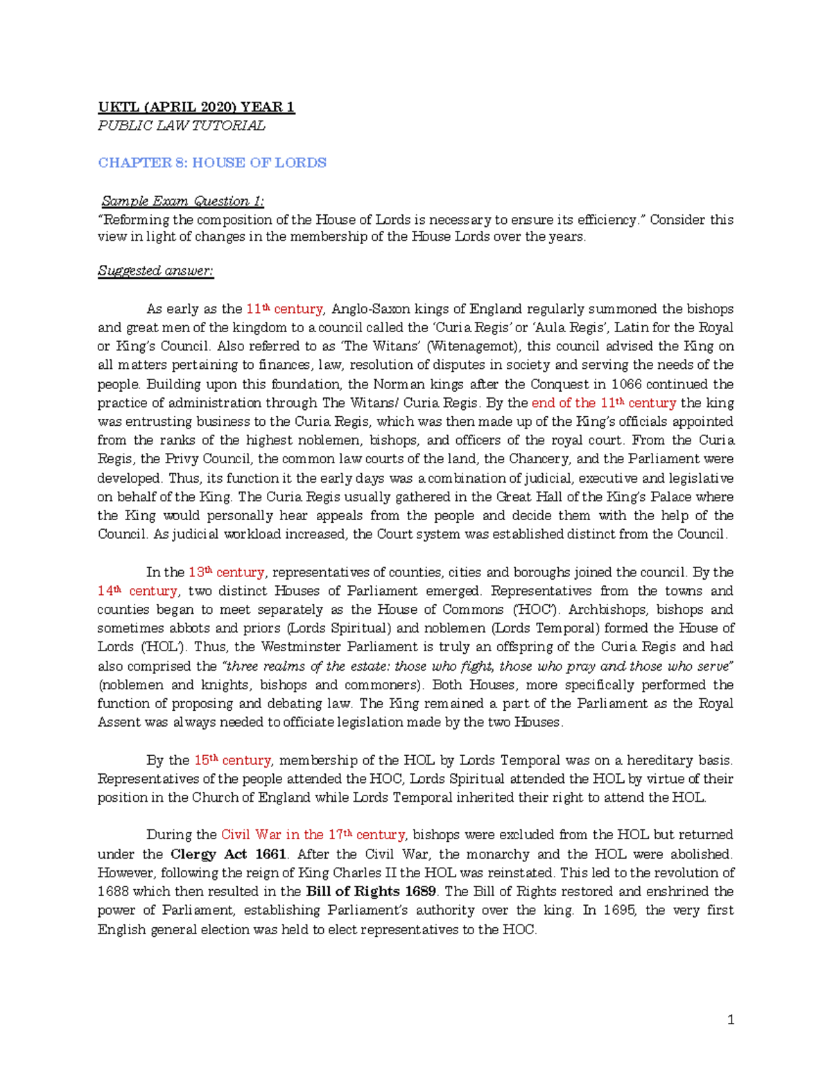 Ch8 Houseof Lords Tutorial - UKTL (APRIL 2020) YEAR 1 PUBLIC LAW TUTORIAL CHAPTER 8: HOUSE OF ...
