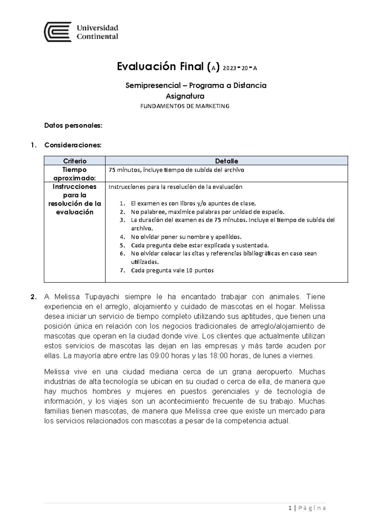Evaluacion final funadamentos de marketing - Evaluación Final (A) 2023 - 20 - A Semipresencial ...