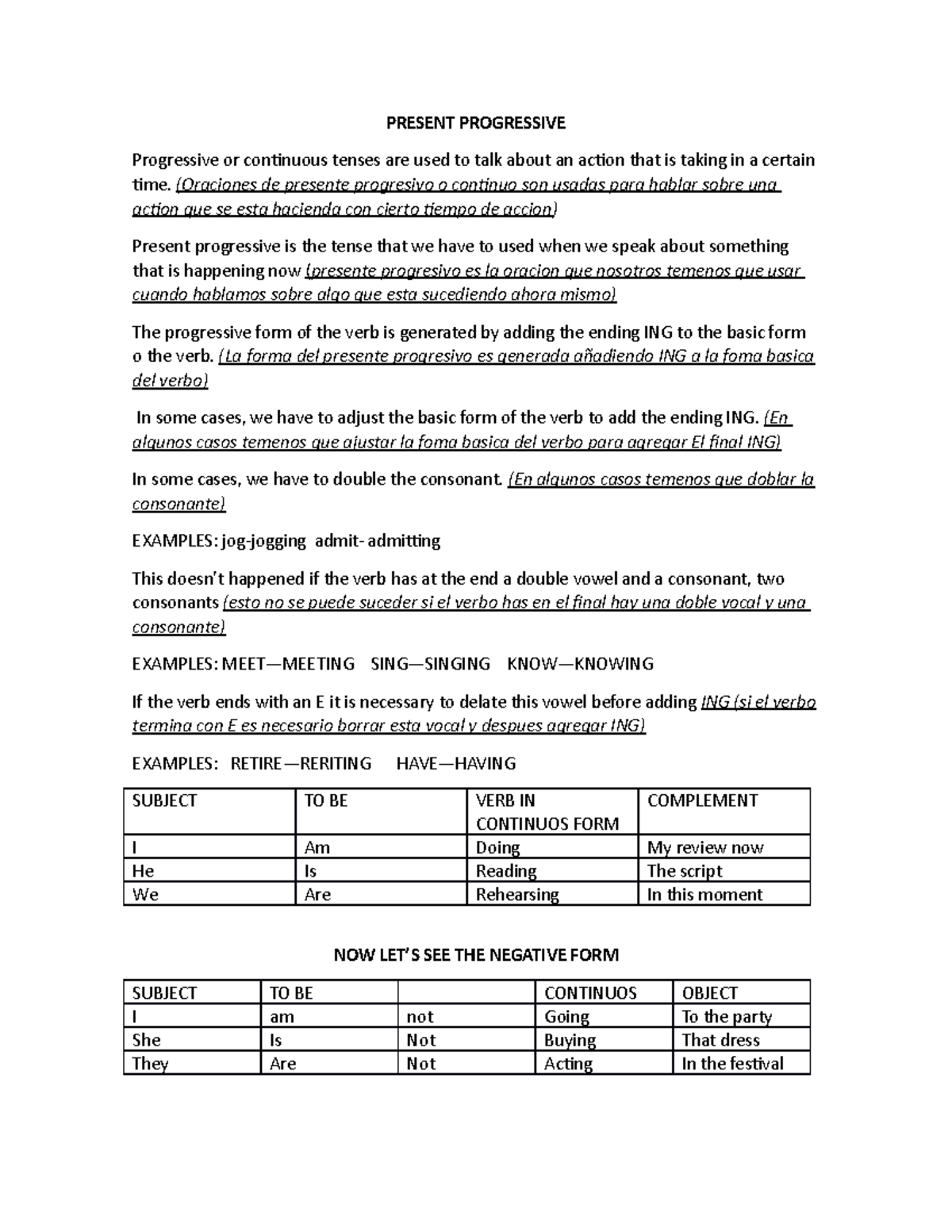 Present Progressive - PRESENT PROGRESSIVE Progressive or continuous ...