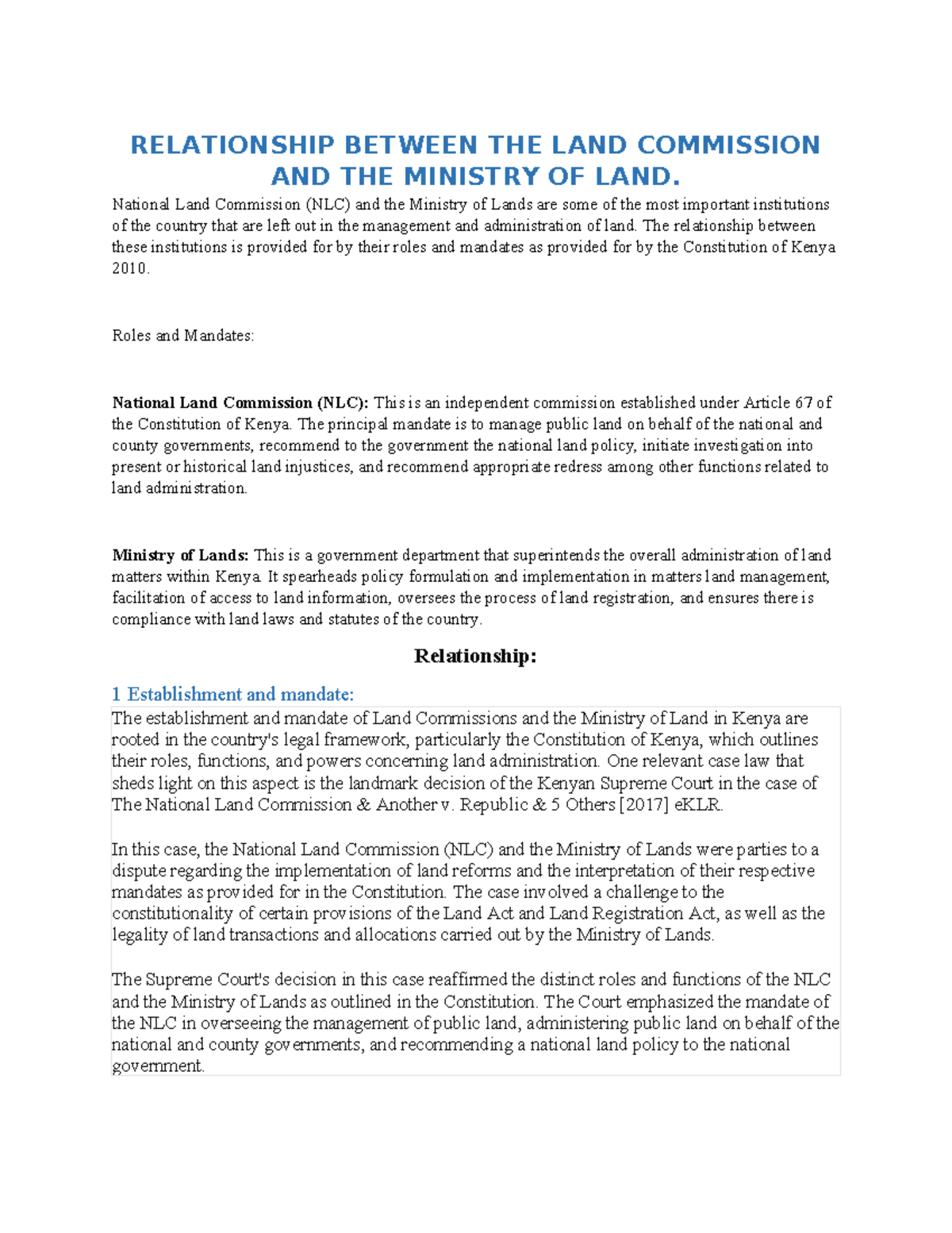 Relationship Between THE LAND Commission AND THE Ministry OF LAND ...