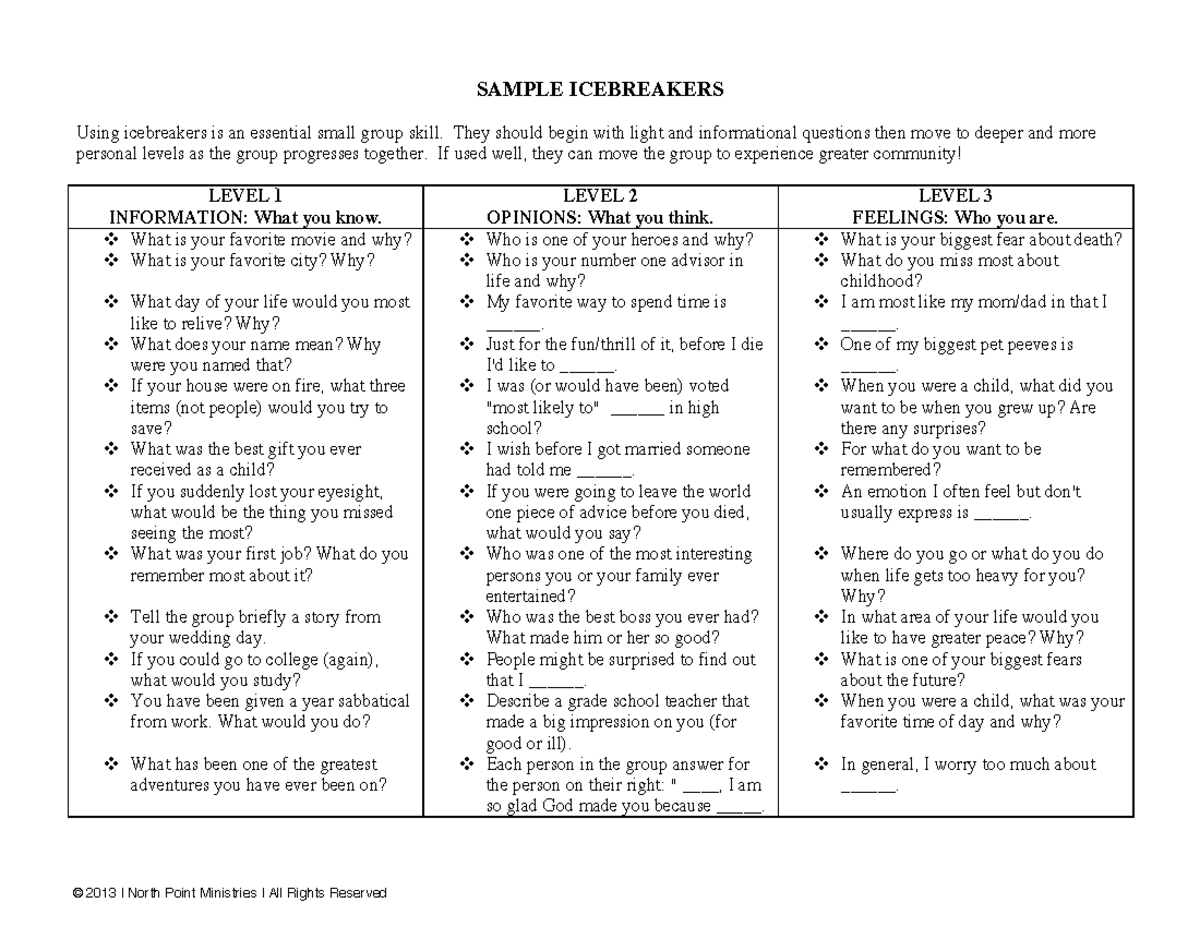 Complete Ice Breakers - Okay - SAMPLE ICEBREAKERS Using icebreakers is ...