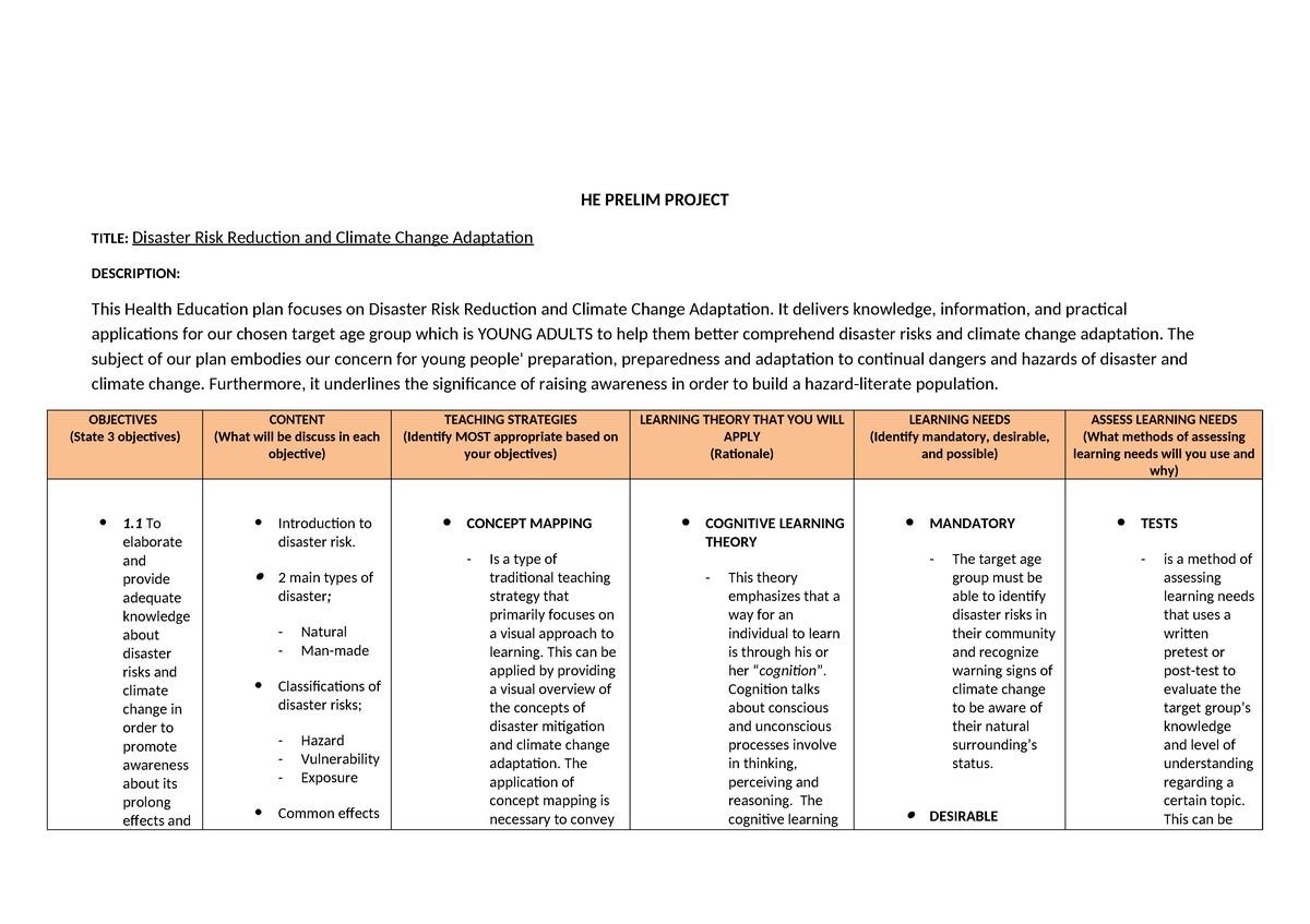 HE- Project-sAMPLE. - HE PRELIM PROJECT TITLE: Disaster Risk Reduction ...