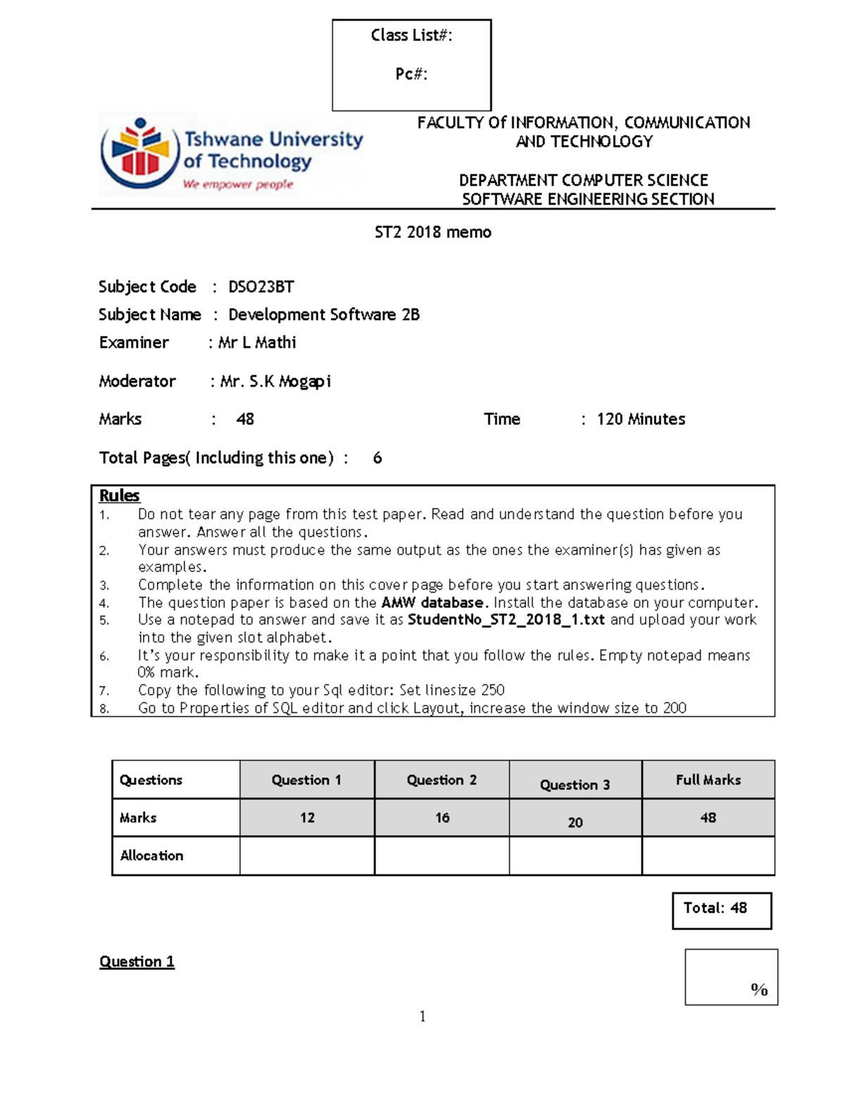 DSO23BT ST2 2018 S1 memo - FACULTY Of INFORMATION, COMMUNICATION AND ...