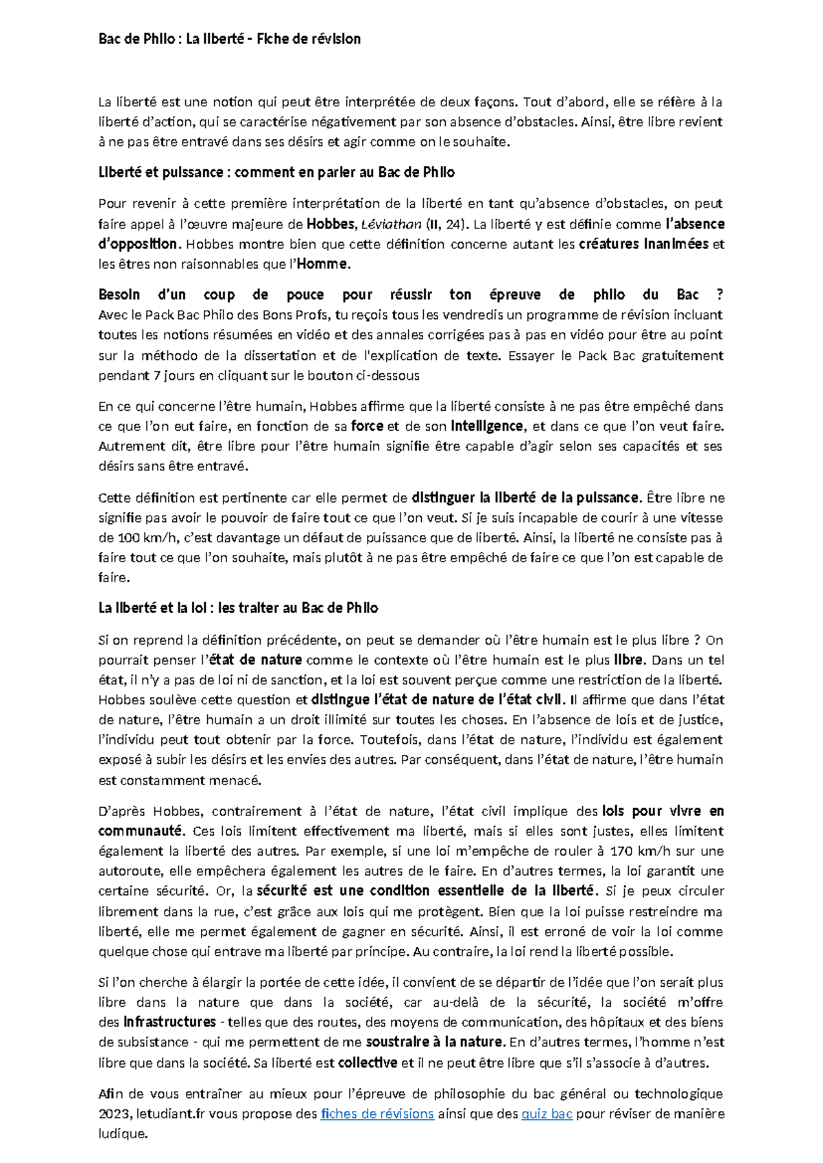 LA Liberte Philo - Bac de Philo : La liberté - Fiche de révision La liberté est une notion qui ...
