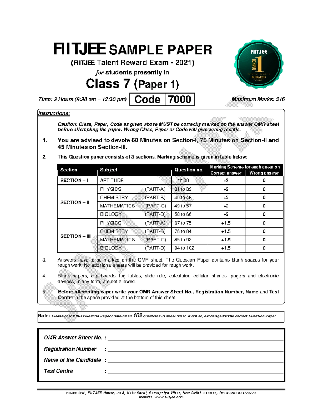 FTRE Sample Paper Class 7th Paper 2 - FIITJEE Lt d., FI I T JEE H ouse, 2 9 -A, Ka l u Sa r a i ...