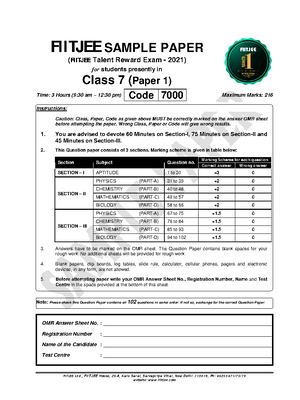 FTRE Sample Paper Class 7th Paper 2 - FIITJEE Lt d., FI I T JEE H ouse ...