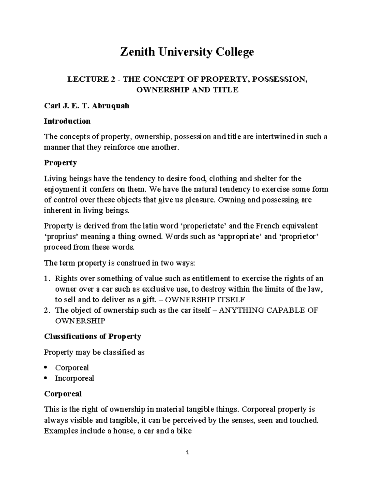 Lecture 2 The Concept of Ownership Possession and Title - Zenith ...