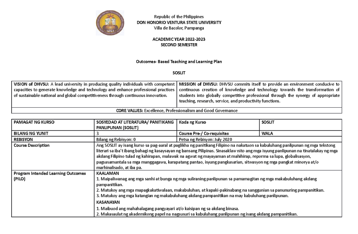 course outline fil - Republic of the Philippines DON HONORIO VENTURA ...