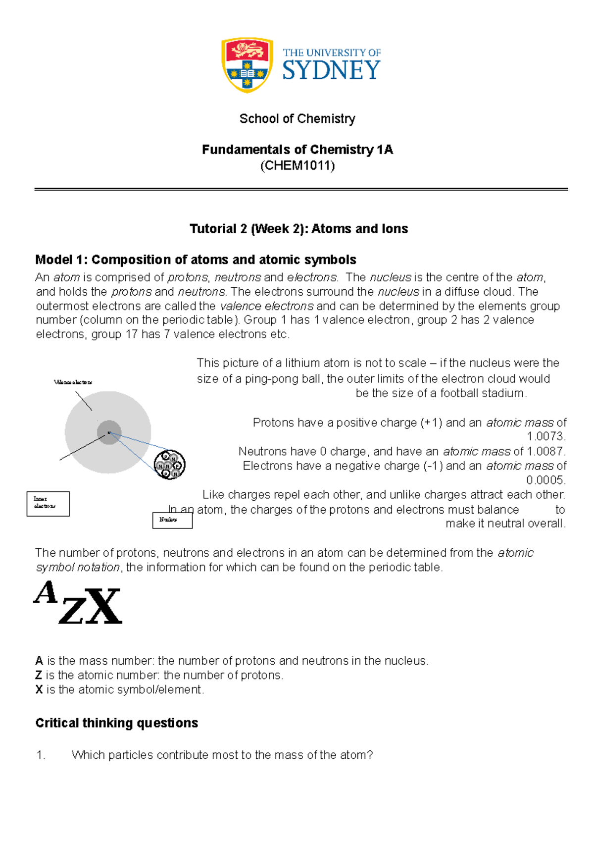 Tutorial 02 worksheet - School of Chemistry Fundamentals of Chemistry ...