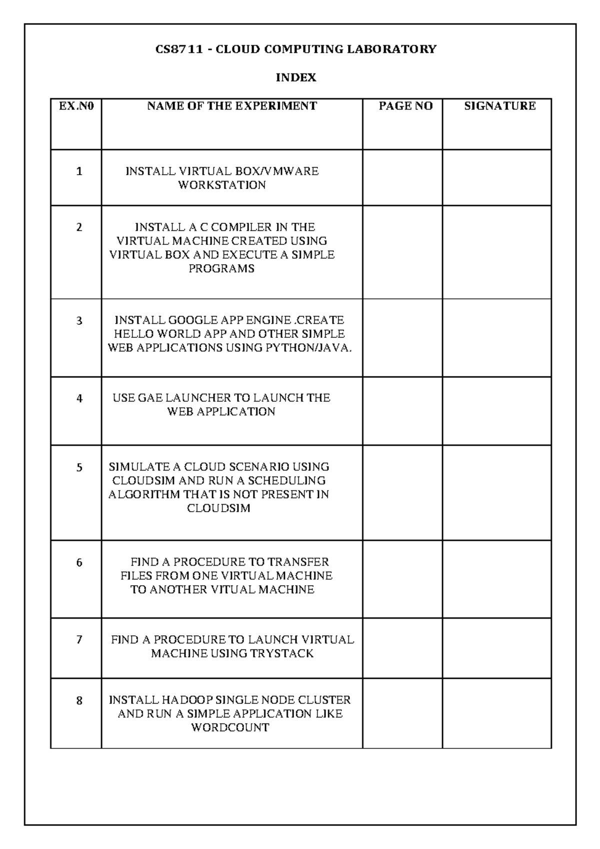 Cc lab - CS8711 - CLOUD COMPUTING LABORATORY INDEX EX NAME OF THE EXPERIMENT PAGE NO SIGNATURE 1 ...