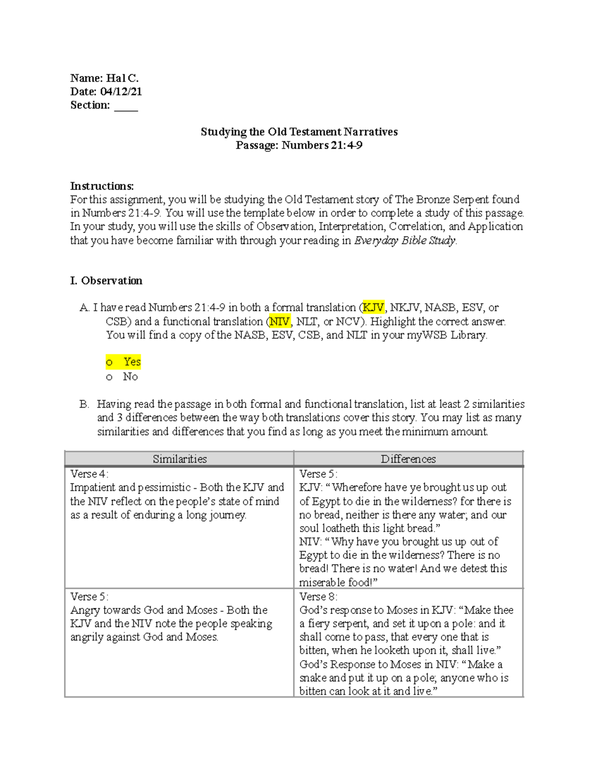 BIBL 104 Old Testament Narrative Bible Study Assignment - Name: Hal C ...