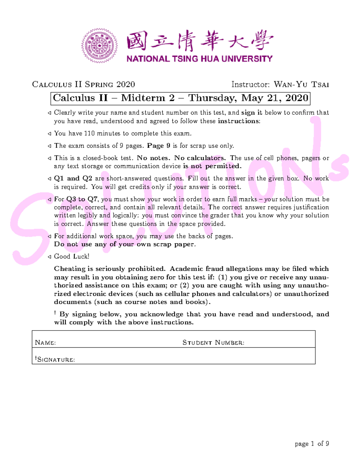 Calc2-Test2 sol - calc test - Calculus II Spring 2020 Instructor: Wan ...