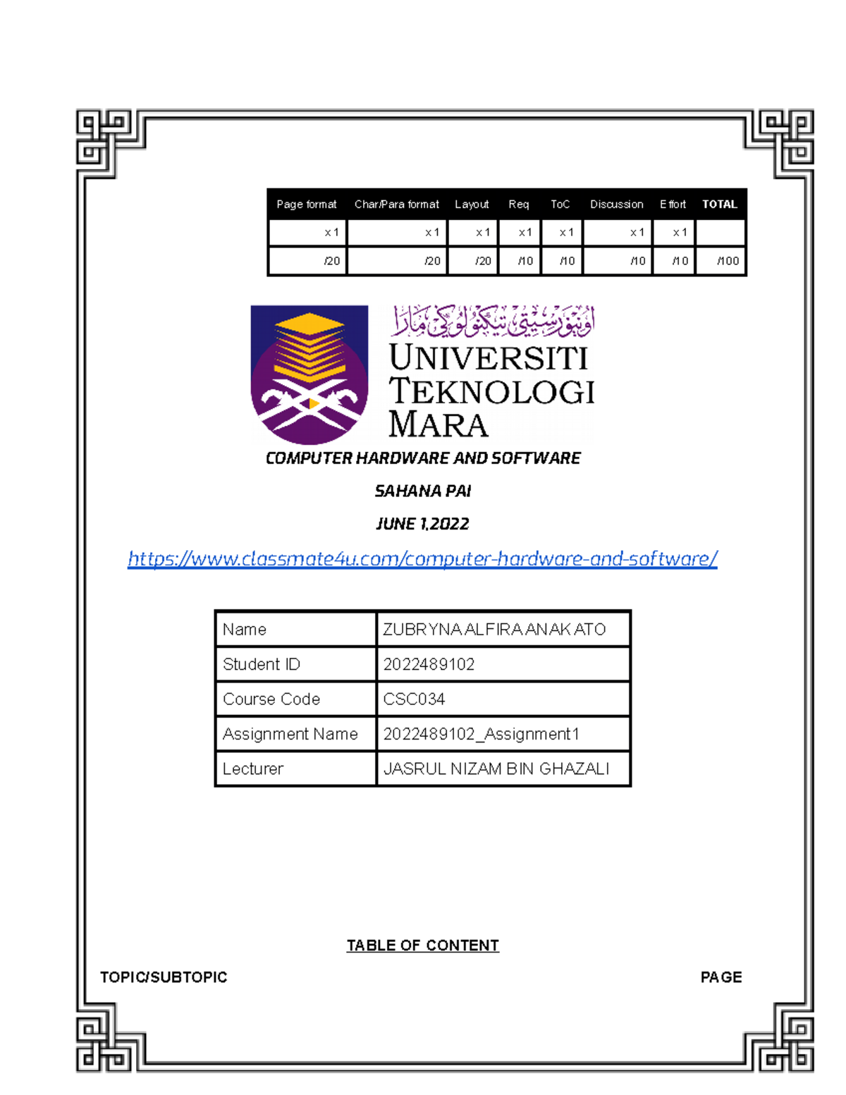 2022489102 Assignment 1 - Page format Char/Para format Layout Req ToC ...
