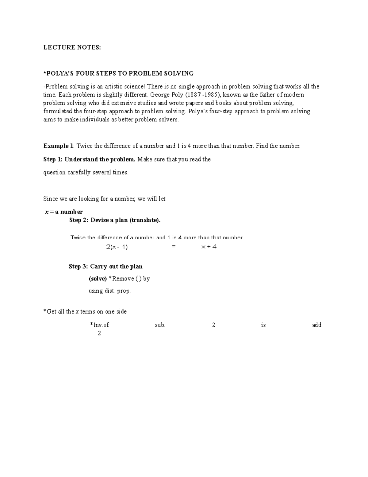 Polya’S FOUR Steps TO Problem Solving - LECTURE NOTES: *POLYA’S FOUR ...
