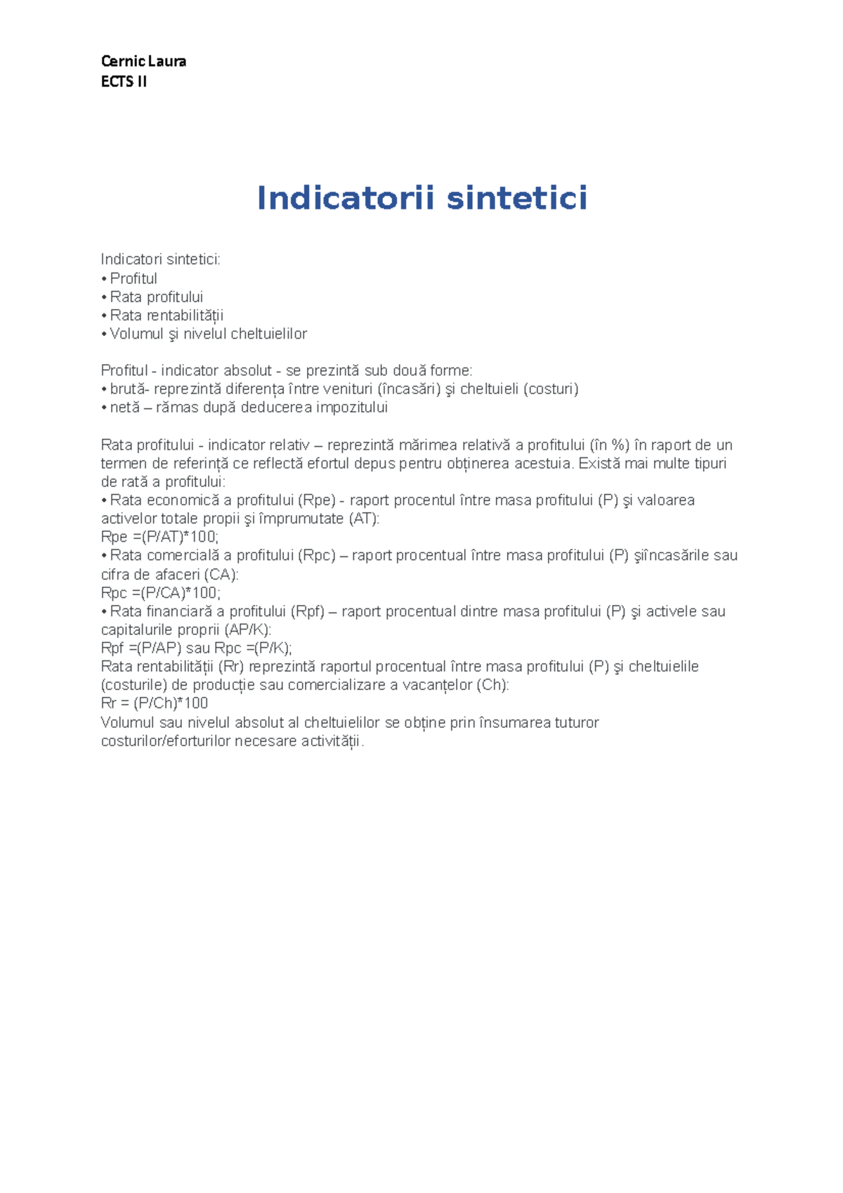 Indicatorii sintetici - Cernic Laura ECTS II Indicatorii sintetici ...