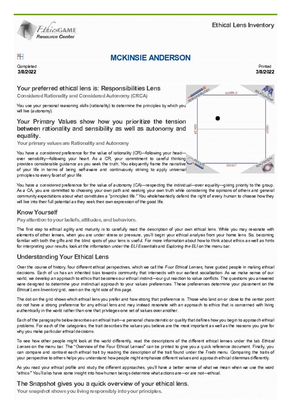 Student ELI Report - Ethical Lens Inventory Completed 3/8/ Printed 3/8 ...