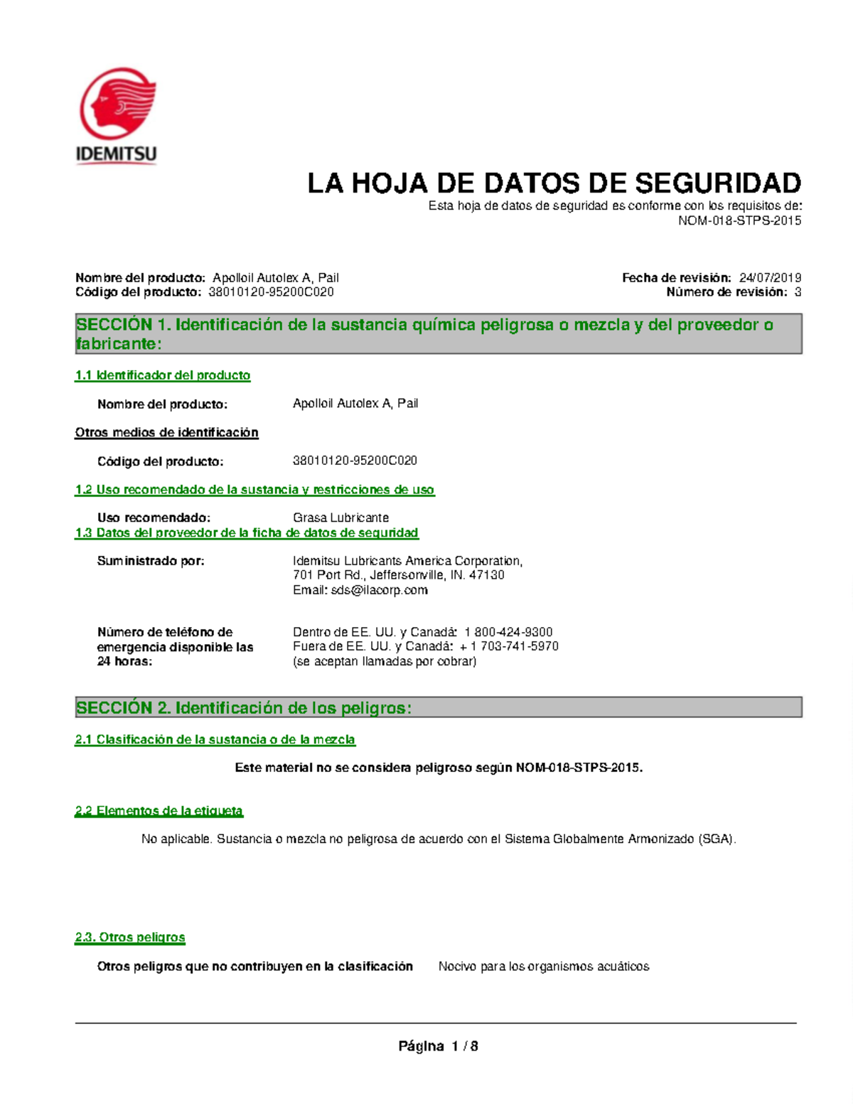 Apolloil Autolex A, PAIL → GHS - LA HOJA DE DATOS DE SEGURIDAD Esta ...
