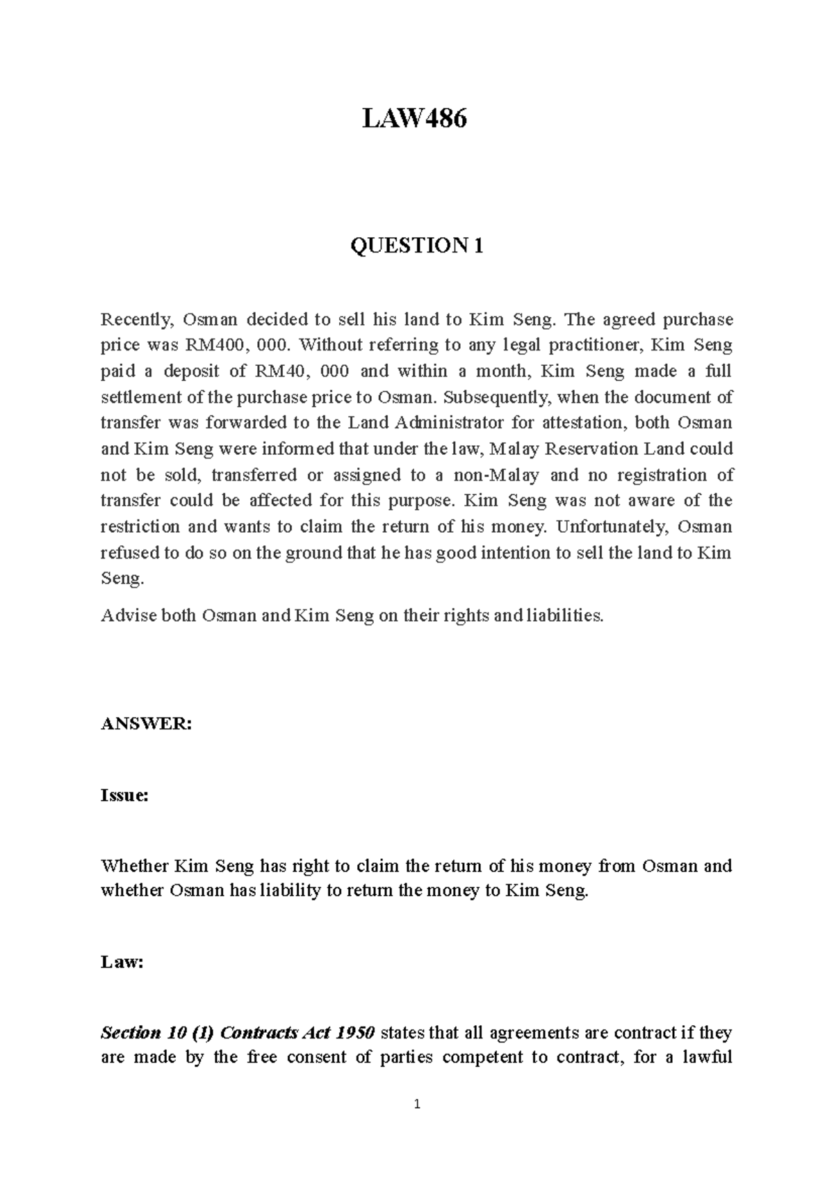 LAW486-TEST 2 - Example of answer - LAW QUESTION 1 Recently, Osman ...