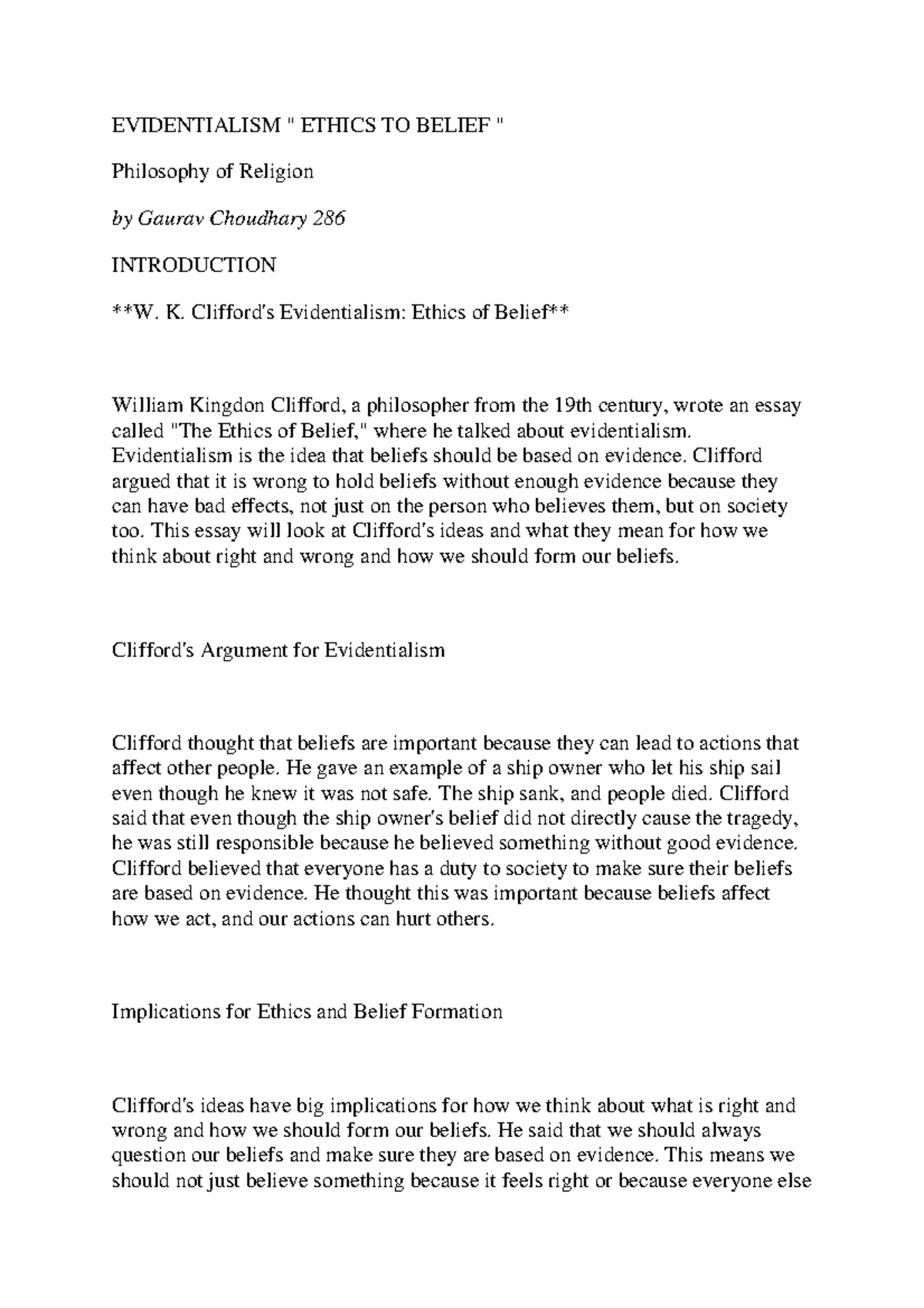 Evidentialism - EVIDENTIALISM " ETHICS TO BELIEF " Philosophy of ...