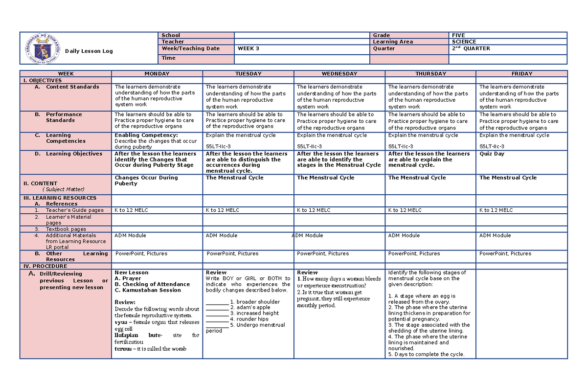 DLL WEEK 3 Science - Daily Lesson Log School Grade FIVE Teacher ...
