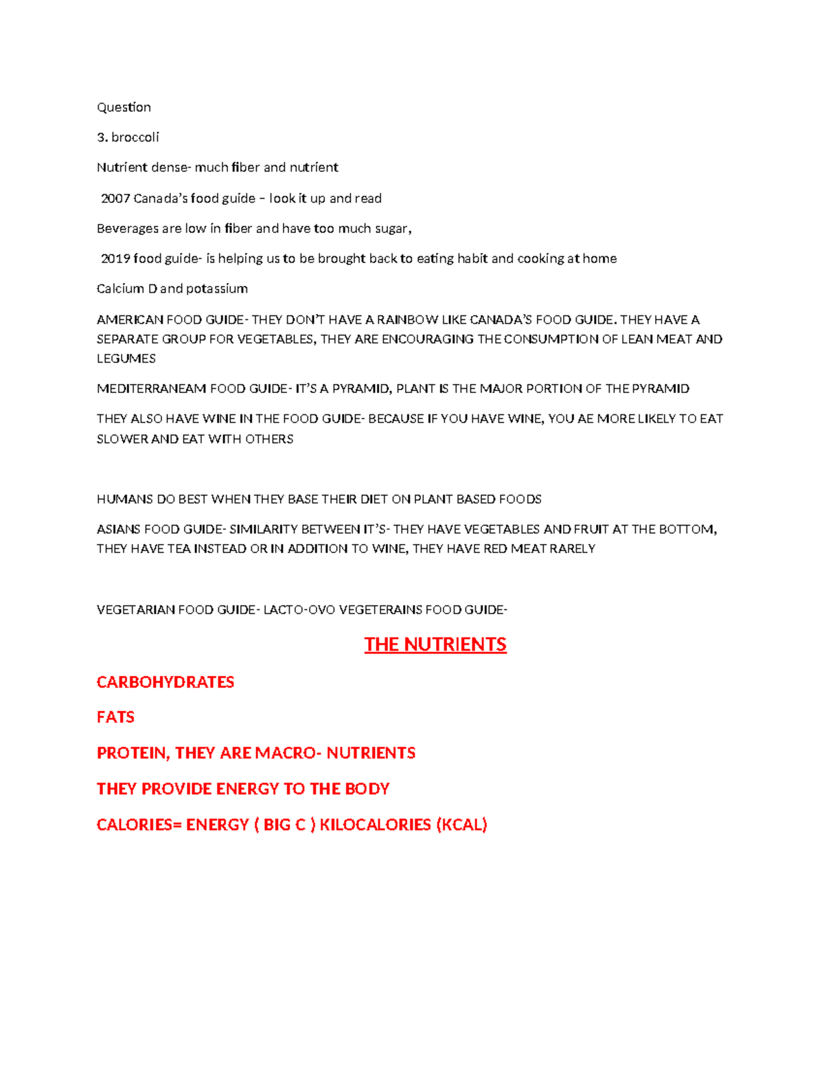 Nutrition Notes - Note - Question 3. broccoli Nutrient dense- much ...
