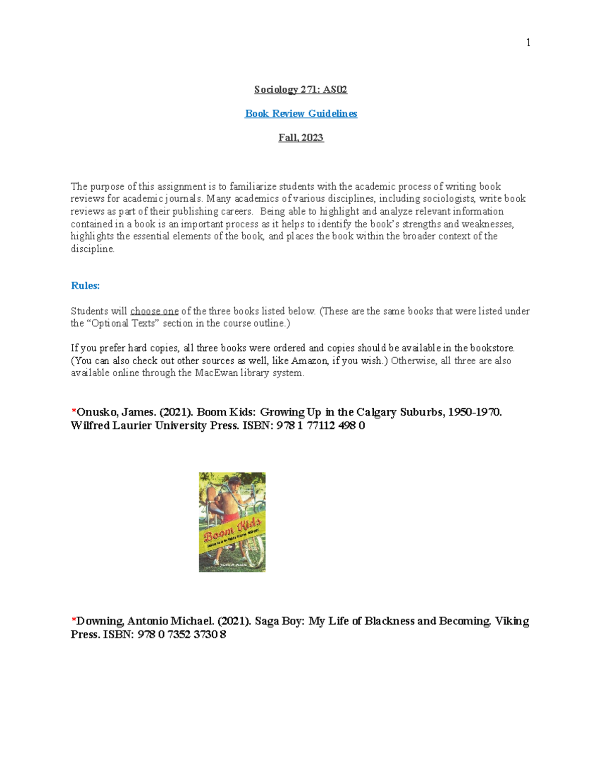 Soci 271 AS02-F2023 Book Review Guidelines - Sociology 271: AS Book ...