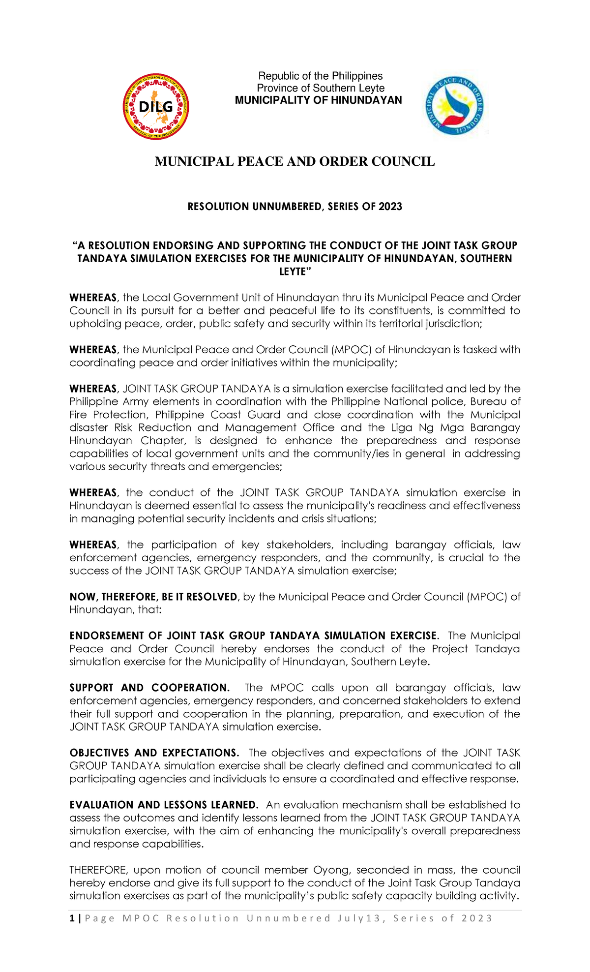 MPOC Resolution unnumbered project tandaya - 1 | P a g e M P O C R e s ...