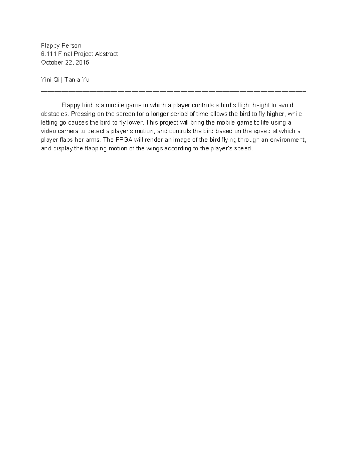 Qyn Project Abstract - Flappy Person 6 Final Project Abstract October ...